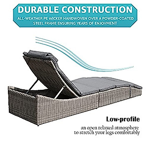 Soleil Jardin Folding Outdoor Adjustable Chaise Lounge Chair with Removable Cushion, Fully Assembled, Patio PE Rattan Reclining Lounger for Pool Beach, Dark Gray
