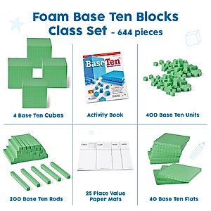hand2mind Green Foam Base Ten Blocks Complete Set, Place Value Blocks, Counting Cubes for Kids Math, Base Ten Blocks Classroom Set, Math Blocks Kindergarten, Base 10 Math Manipulatives (Set of 644)