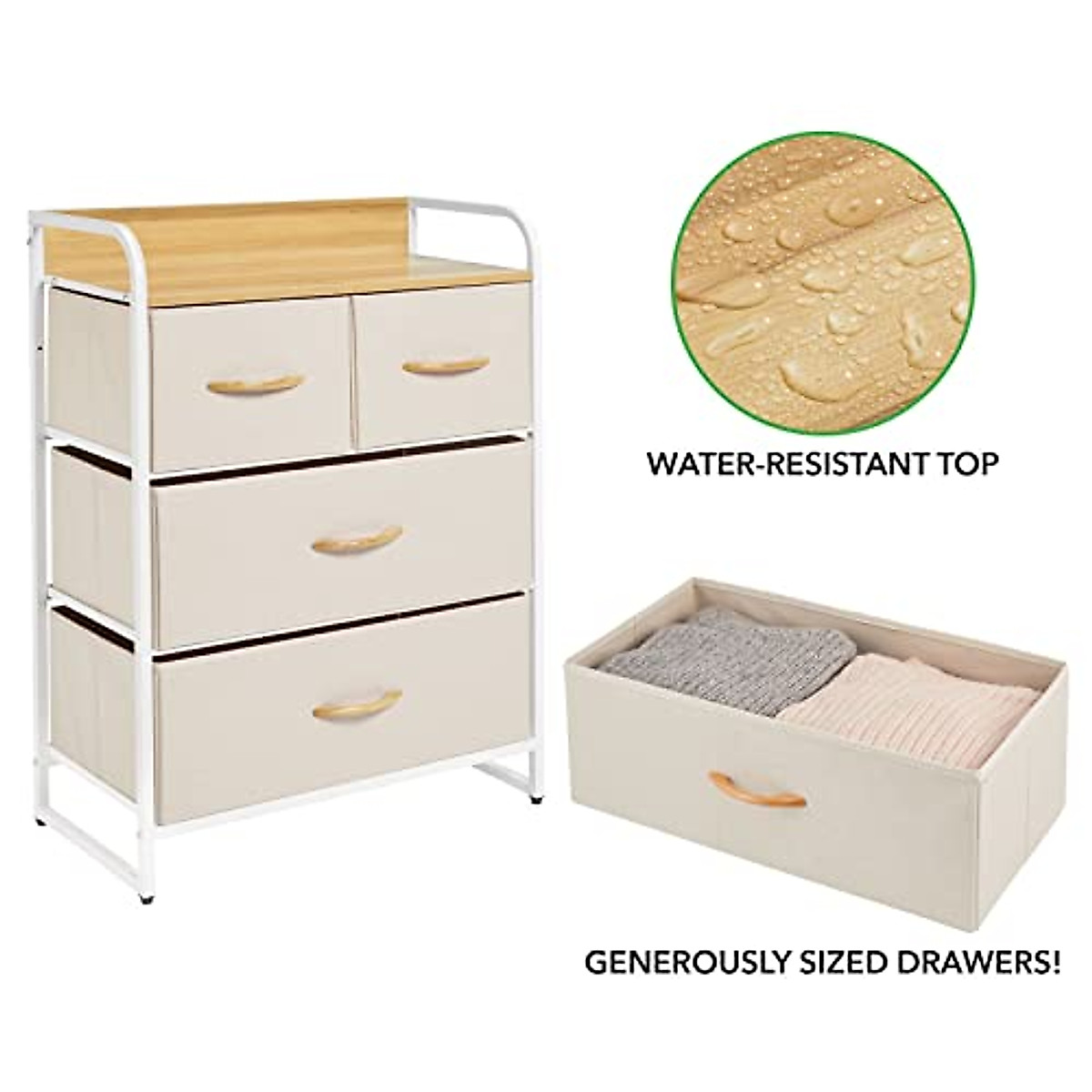 mDesign 30.9" High Steel Frame/Wood Top Storage Dresser Furniture Unit with 4 Removable Fabric Drawers - Bureau Organizer for Bedroom, Living Room, or Closet - Cream/White