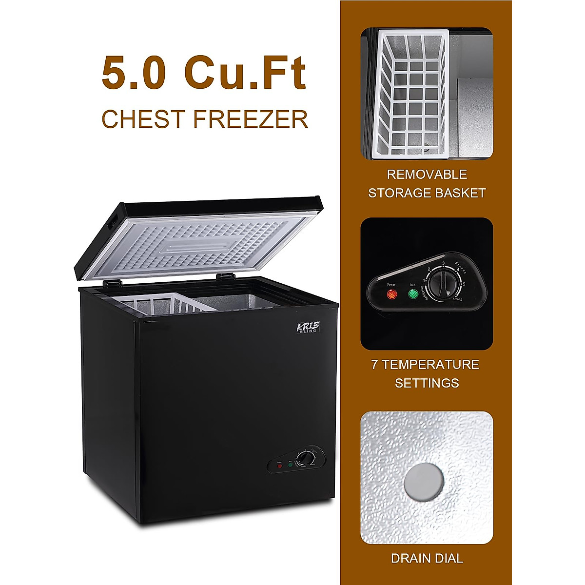 Chest Freezer KRIB BLING 5.0 cu.ft Mini Adjustable 7 Thermostat Compact Deep Freezer Top Door Low Noise with Removable Basket Black