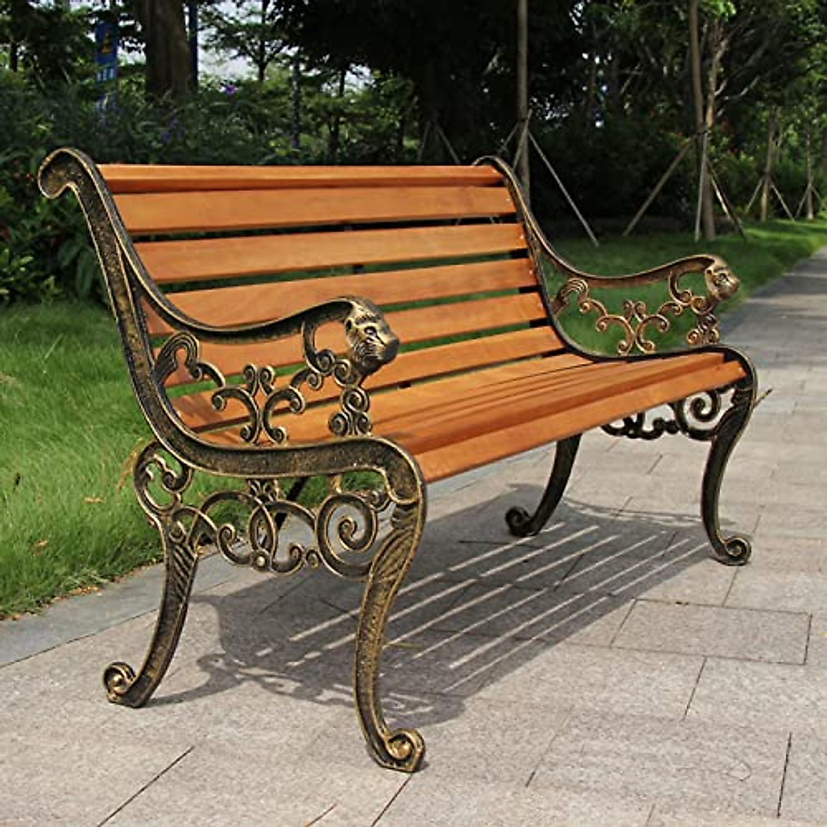 ManiCrown Patio Garden Bench，Outdoor Preservative Wood Park Bench Porch Bench Chair with Rust Resistant Cast Iron Frame,Porch Bench with backrest and armrests Slatted Seat, for Lawn/Poolside