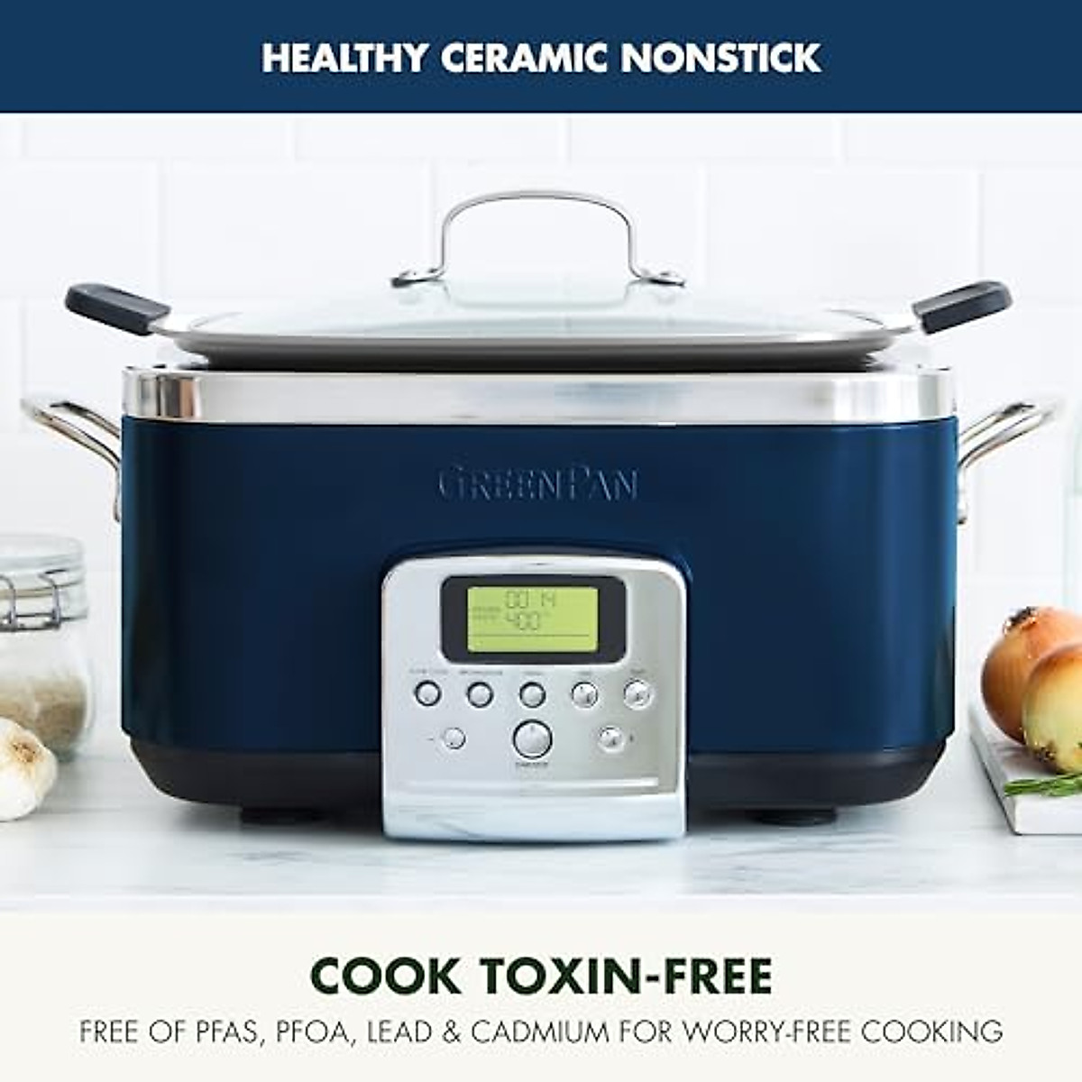 GreenPan Elite 8 - in -1 Programmable 6QT Electric Slow Cooker, Dishwasher Safe Lid & Removable Crock, PFAS-Free Healthy Ceramic Nonstick Multi-Cooker,Sear, Sauté/Brown,Steam Basket,Roast, Oxford Blue