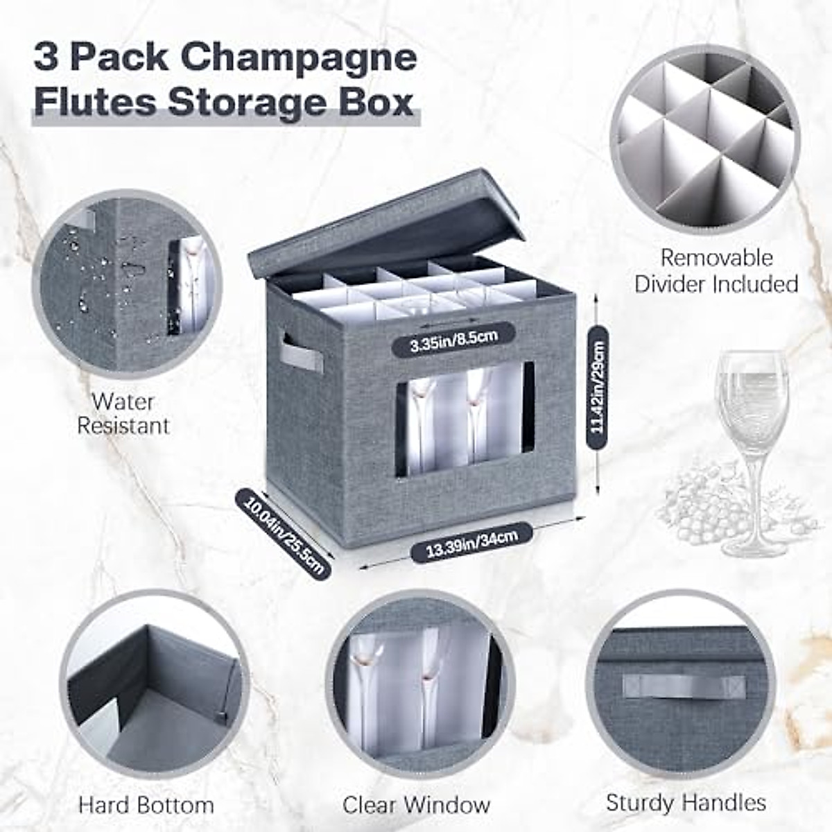 Norme 3 Pcs Wine Glasses Storage Box with Dividers, 12 Compartments Champagne Flute Storage Box with Lid Handle Window China Storage Containers Hard Glass Holder Packing Boxes for Moving