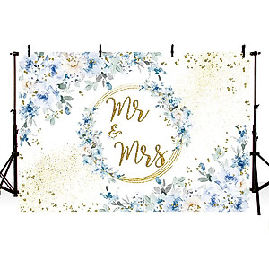 MEHOFOND 7x5ft Blue Floral Backdrop for Mr and Mrs Engagement Party Decorations Couples Wedding Golden Dots Glitter Photography Background Anniversary Ceremony Bridal Shower Banner Photo Booth Props