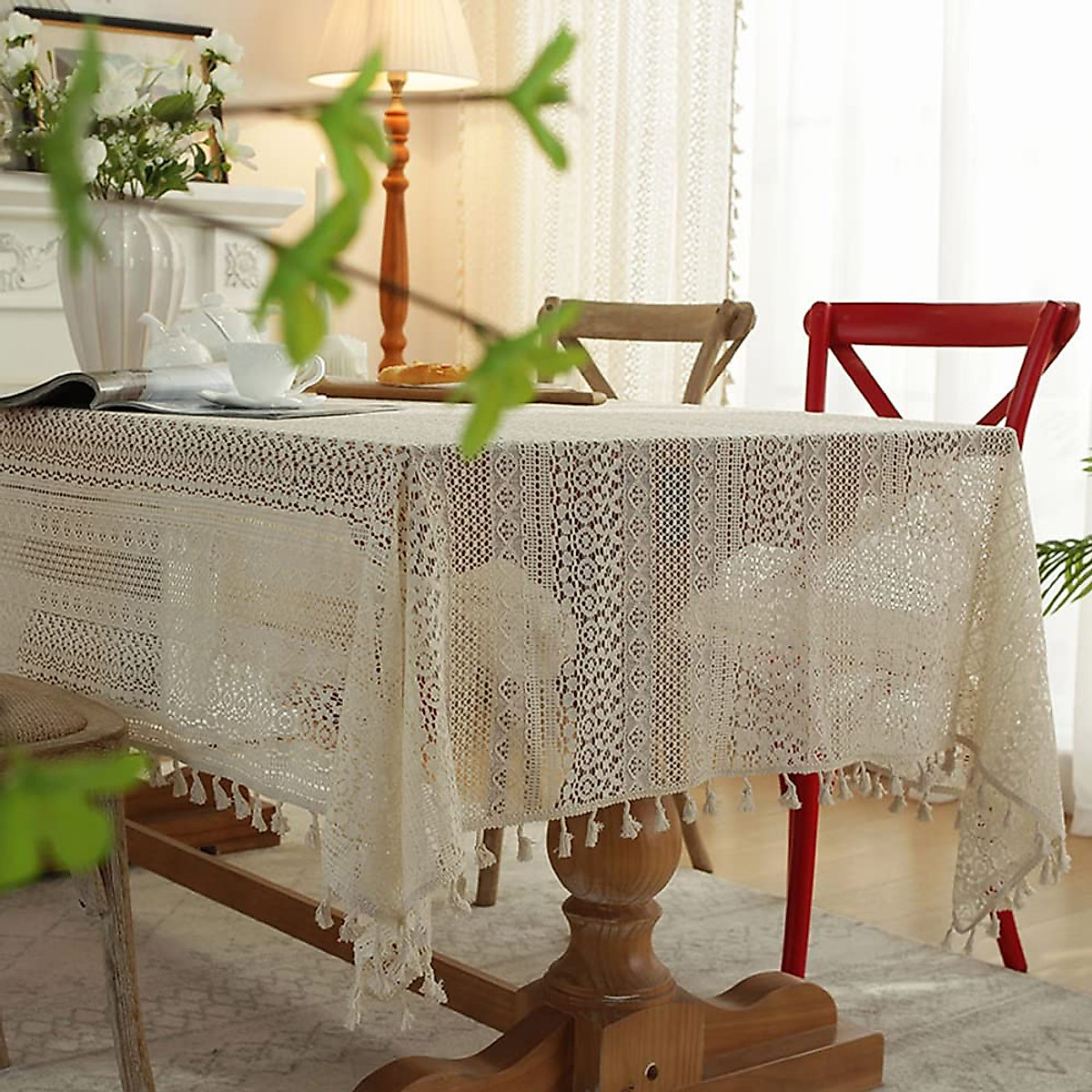 JAIJY Beige Embroidered Crochet Hole Tablecloth with Tassels, Boho Stripe Geometric Tablecloth for Party Birthday Dinning Table Cloth, Rectangular 59"x80"