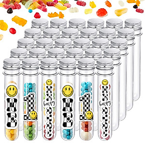 Whaline 30Pcs One Happy Dude Plastic Test Tubes Science Party Test Tubes with Screw Caps Stickers Clear Candy Storage Vials Gumball Candy Container for First Birthday Party Favors