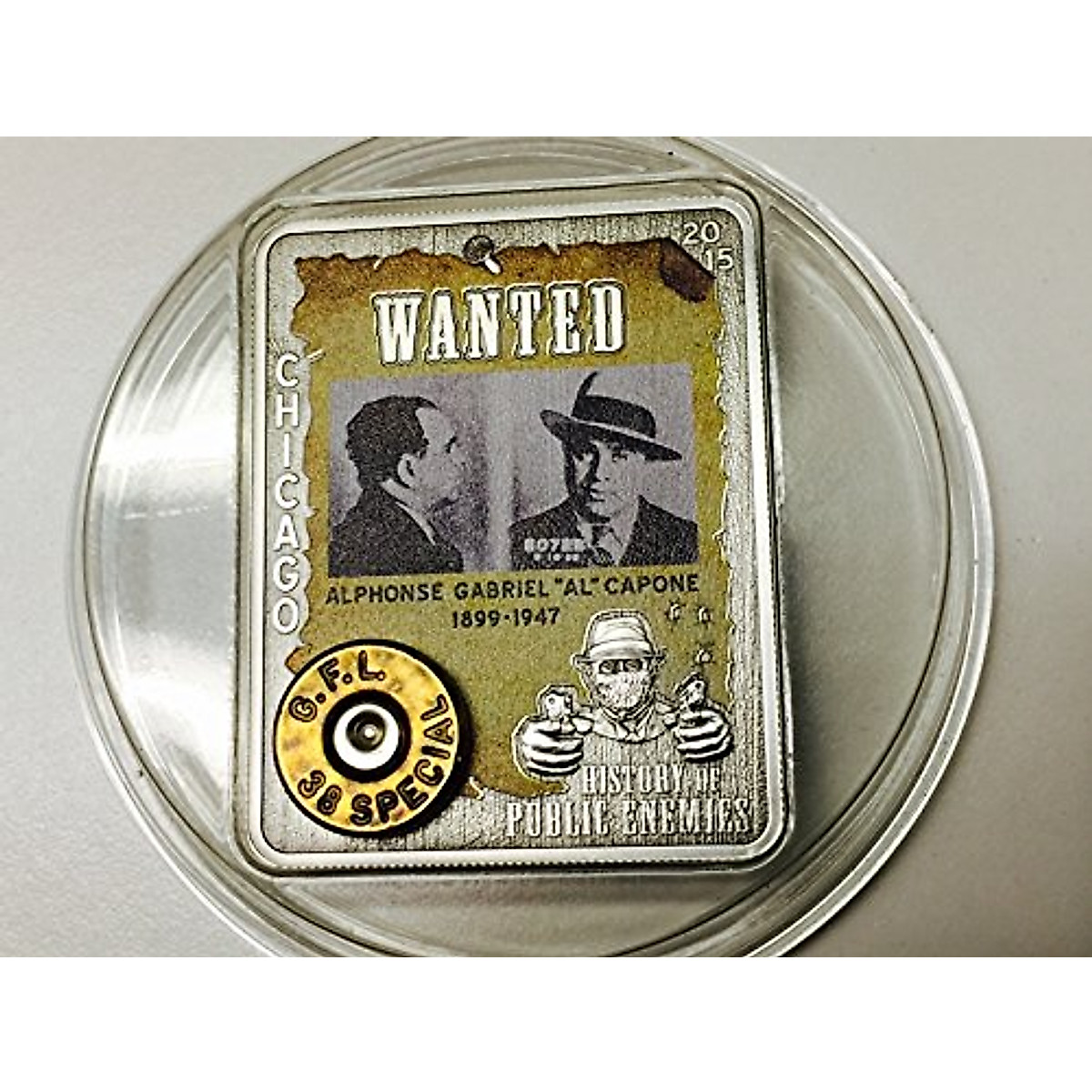 2015 Prestige History of Public Enemies Al Capone 1oz coin with real 38 Special revolver rim Silver Brilliant Uncirculated
