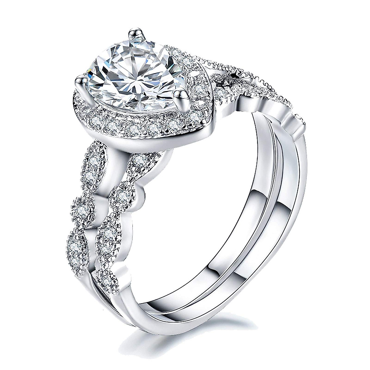Ahloe Jewelry CEJUG 18k White Gold Plated Wedding Rings for Women Engagement Bands Bridal Set Pear Shape Teadrop 1.5Ct Cz Size 7