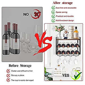 AUHOKY Industrial Wine Rack Wall Mounted Glasses Holder, 3-Tiers Metal Hanging Storage Display Shelf with Wine Bottles Glass Goblet Rack, Floating Shelves for Living Room Kitchen Home Decoration