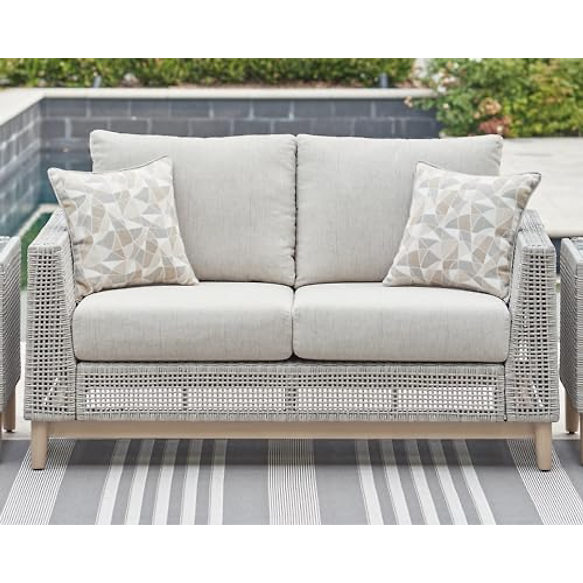 Signature Deisgn by Ashley Seton Creek Outdoor Loveseat with Cushion, 59" W x 37" D x 36" H, Light Brown & Light Gray
