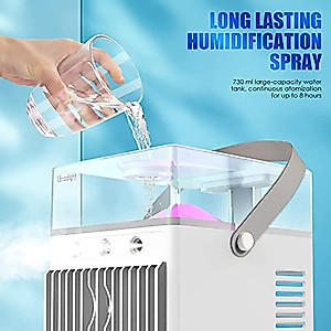 20.3OZ Portable AC Air Conditioner Fan, Evaporative Air Cooler with 3 Speeds, 7 LED Lights, 90° Fan Blades and Humidify Function, USB Mini Air Cooler Perfect for Room, Office and Camping