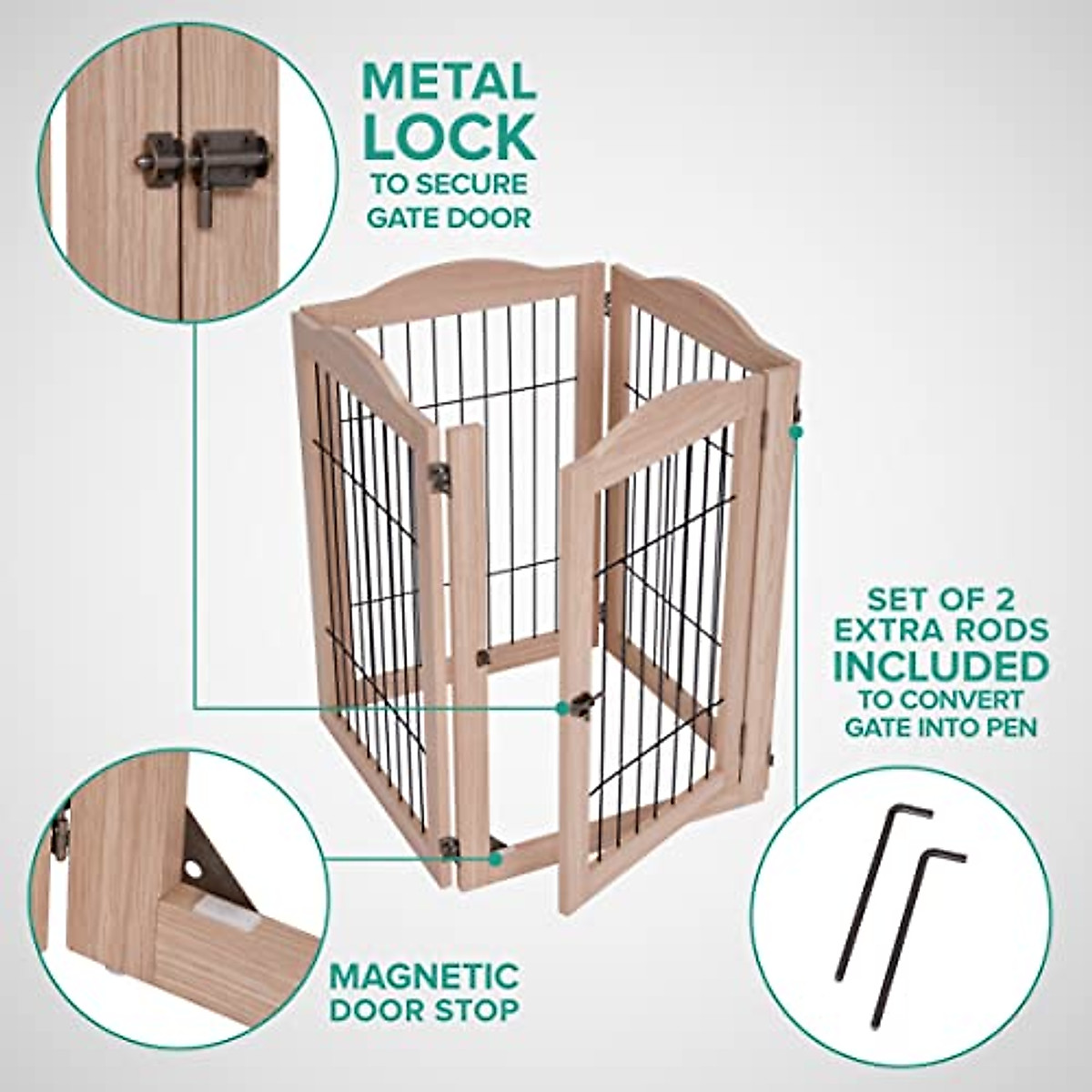 Arf Pets Freestanding Dog Gate with Door, 4 Panel 360° configurable Wooden Wire Fence, 89" Wide, 31.5" Tall, Foldable, Support Feet Included, for The House - Indoor Use