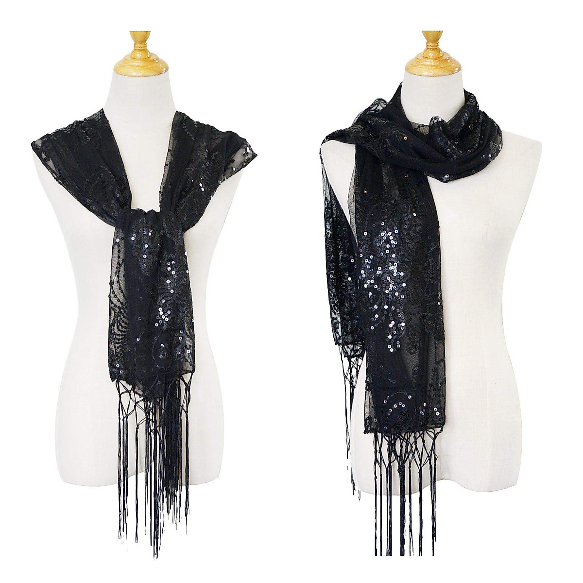 L'VOW Women's Glittering 1920s Scarf Mesh Sequin Wedding Cape Fringed Evening Shawl Wraps(Black)
