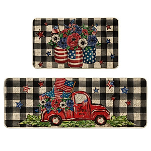 Artoid Mode Watercolor Buffalo Plaid Vase Stars Truck Kitchen Mats Set of 2, 4th of July Patriotic Liberty Decorations for Home Kitchen - 17x29 and 17x47 Inch