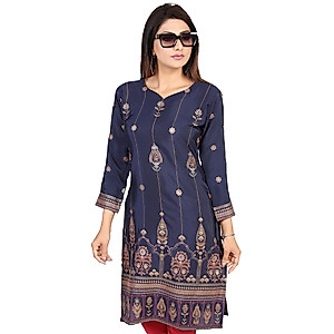 Indian Kurtas for Women Silk Long India Kurti Tunic Party Wear Tops (Blue, 3XL)