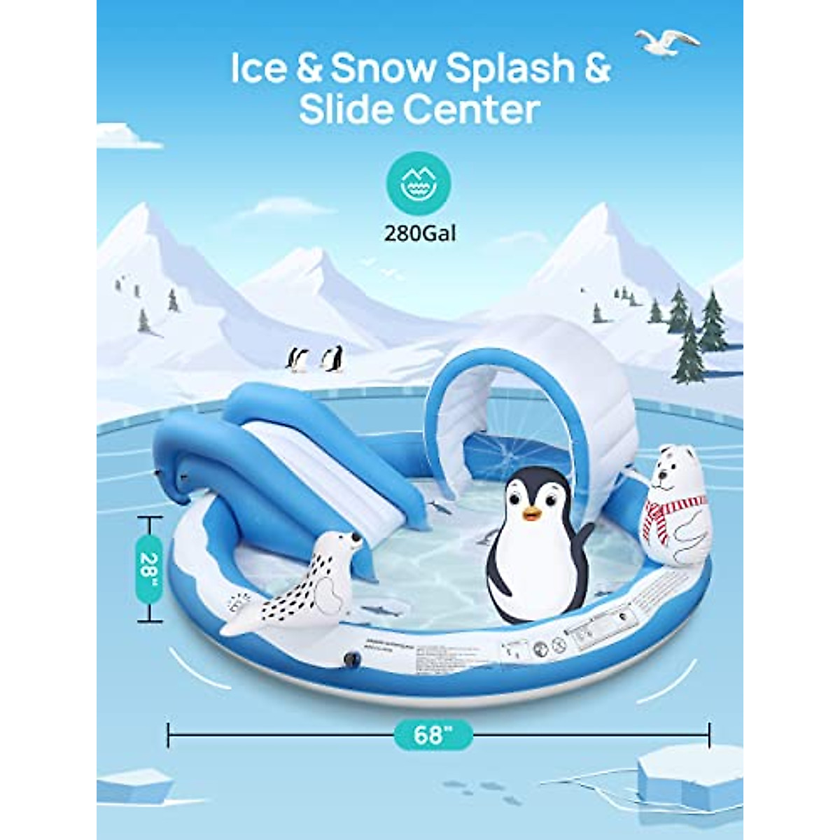 Inflatable Play Center, EVAJOY Kiddie Pool with Slide for Children, Sprinkler, Ice & Snow Theme with Inflatable Dolls, Easy Setup for Garden, Backyard, Indoor Usage