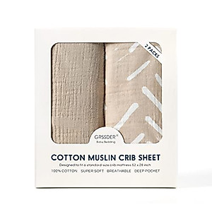 GRSSDER Soft Muslin Crib Sheet 2 Pack, 100% Cotton Crib Sheets for Boys and Girls, Fit Standard Crib Mattresses 52" x 28" Safe and Snug, Taupe/Stripe