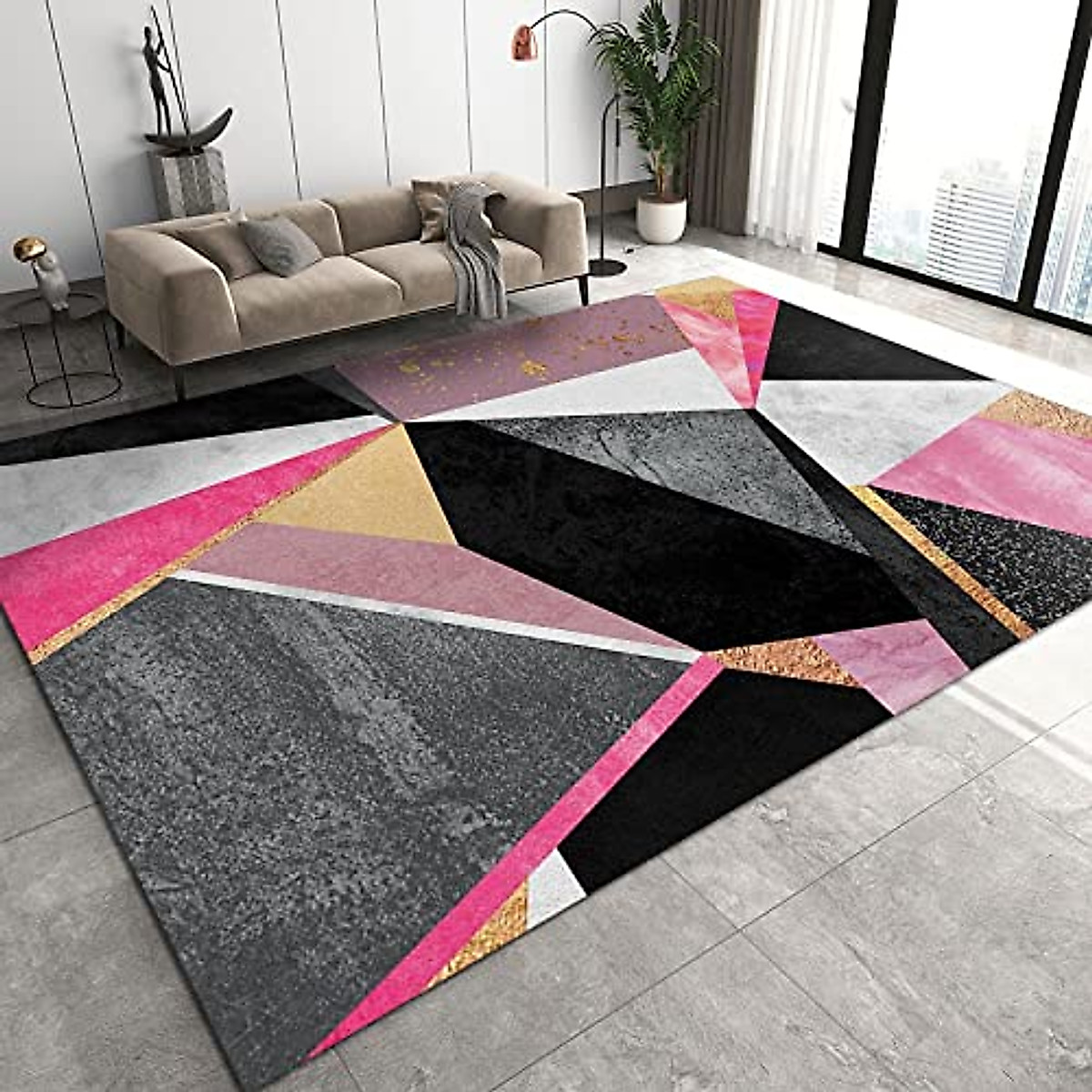 Pink Gray Black Marble Texture Area Carpet, Irregular Geometry Light Luxury Washable Rug, Comfortable Soft Breathable Non-Slip Backing for Living Room Bedroom Study Office Decor3 x 4ft