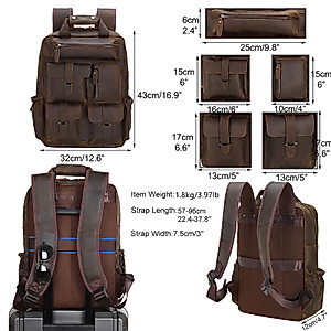 Masa Kawa Genuine Leather Backpack for Men Vintage 15.6 Inch Laptop Bag Multi Pockets Rucksack Casual Travel Daypack Brown