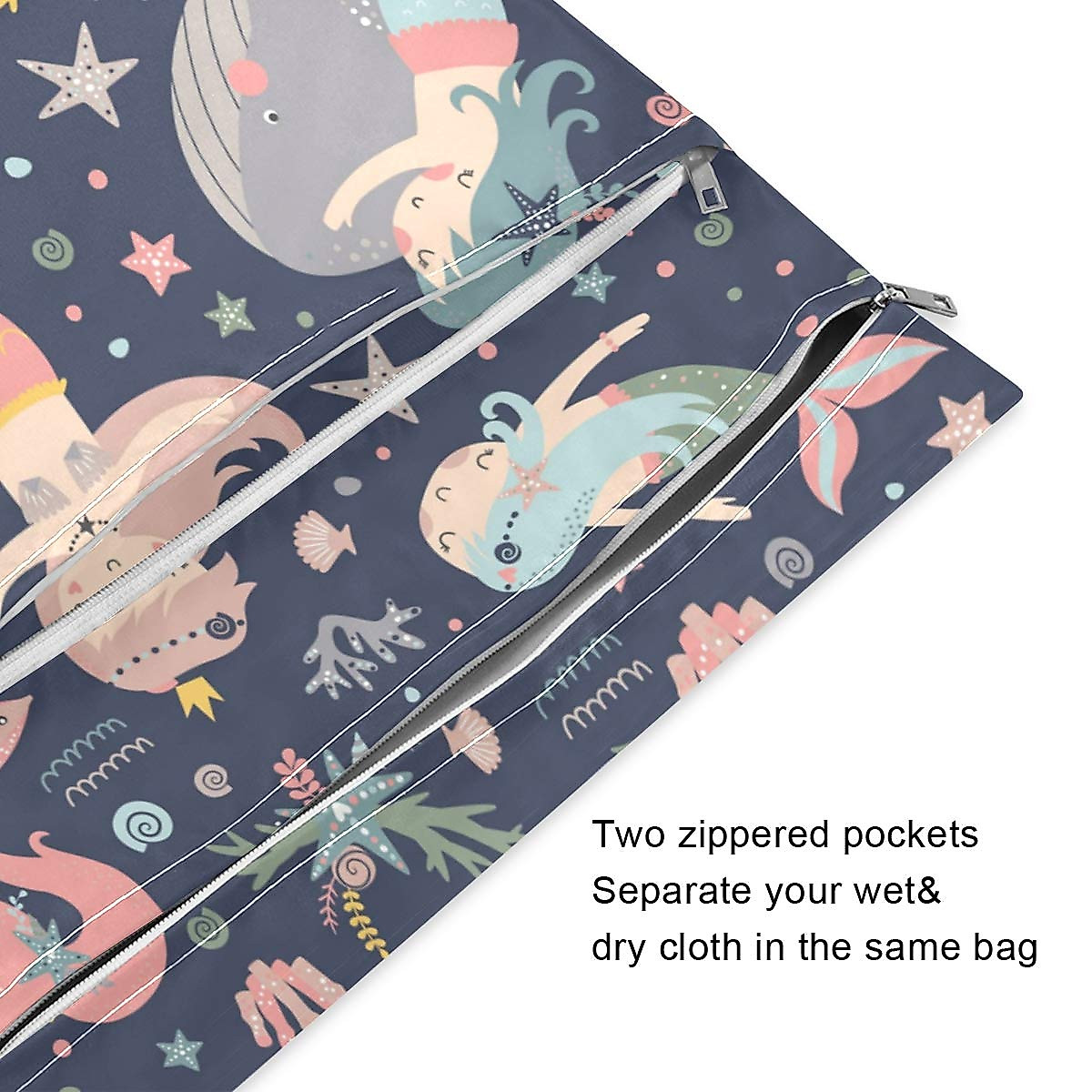 KEEPREAL Cute Girls Mermaid Wet Dry Bag for Cloth Diaper&Swimsuit,Travel&Beach - Water Resistant Wet Bags - Perfect for Wet Clothes, Toiletries, 2 Pack