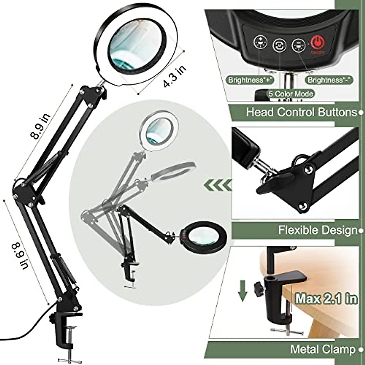 Krstlv 5X Magnifying Glass with Light and Clamp, Upgrade Button 5 Color Modes, Stepless Dimmable LED Lighted Desk Lamp, Hands Free Magnifier with Light and Stand for Craft Hobby Reading Close Work