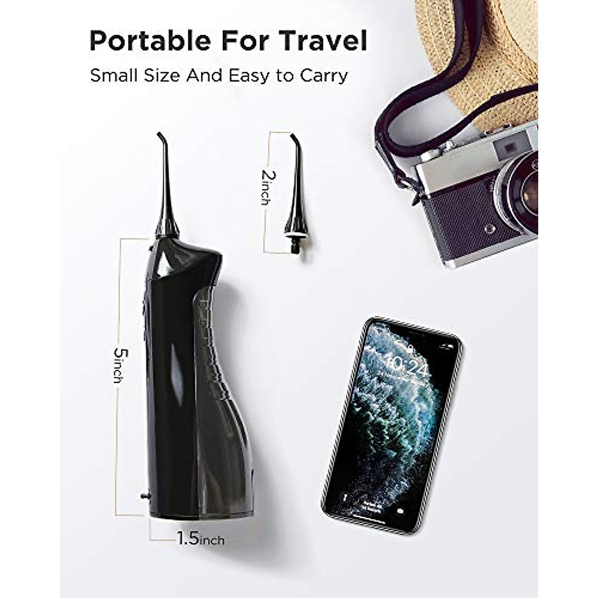 Water Flosser, Cordless Portable Electric Water Flosser for Teeth , 3 Modes and 2 Jet Tips , IPX7 Waterproof, Rechargeable Water Flosser Pick , No Adapter for 21-Days Use , Water Floss (Black)