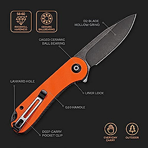 CIVIVI Folding Pocket Knife, 2.96" D2 Blade G10 Handle, Elementum Liner Lock Flipper Knife with Deep Carry Pocket Clip for EDC C907Y (Orange)