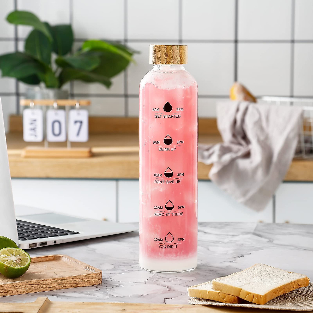 ZEBEIYU 32oz Glass Water Bottle,Borosilicate Glass Drinking Bottles with Time Marker,Bamboo lids,Felt Sleeve,Dishwasher Safe,Reusable,Leak-Proof,BPA Free for Office,Sports,Gym,Travel (Pack1)