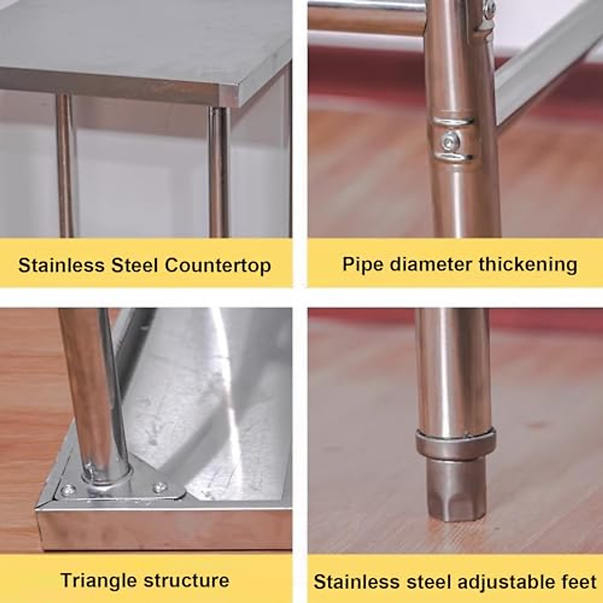 Single Tier Stainless Steel Work Table Commercial Multifunctional Preparation Table Kitchen Utility Open Storage Rack Metal Table Sturdy and Stable with Stainless Steel Adjustable Feet