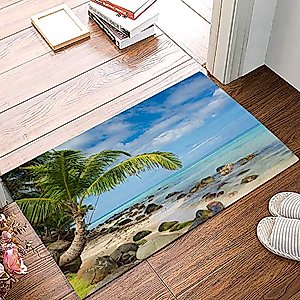 Bathroom Mat Palm Tree Beach Sea Cloud Blue Sky Island Reef Stone Low-Profile Indoor Welcome Mat Non Slip Entrance Door Rug for Entry,Front Door,16"x24"