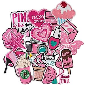 Jefuzh 20PCS Girl Themes Iron on Patches, Embroidered Appliqué Pink Iron on Patches for Clothes, Hats, Jeans, Skirts, Backpacks, Etc