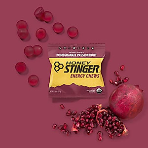 Honey Stinger Organic Pomegranate Passionfruit Energy Chew | Gluten Free & Caffeine Free | for Exercise, Running and Performance | Sports Nutrition for Home & Gym, Pre and Mid Workout | 12 Pack