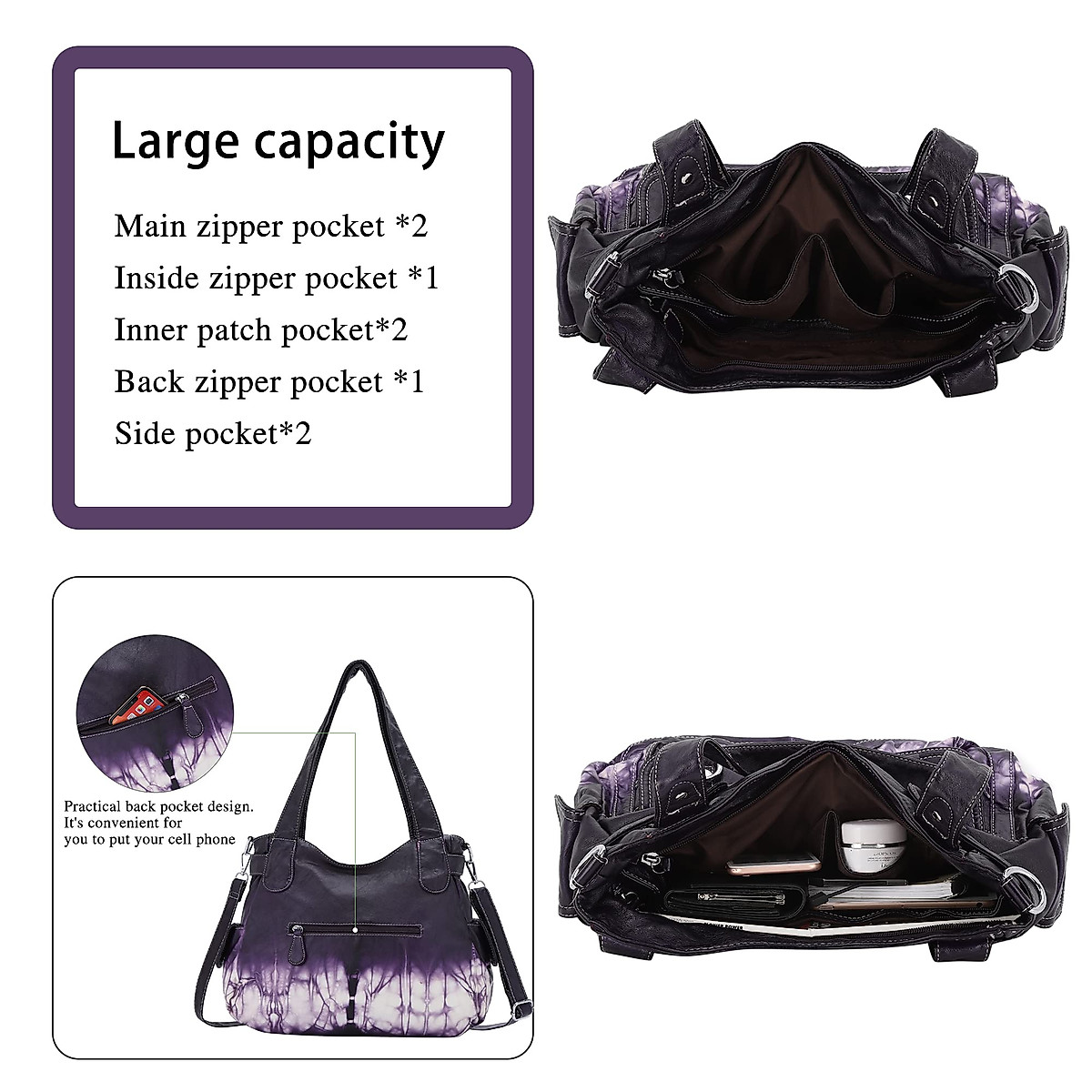 Angelkiss Women's Designer Handbag Large Double Zipper Multi Pocket Washed, Purple-z