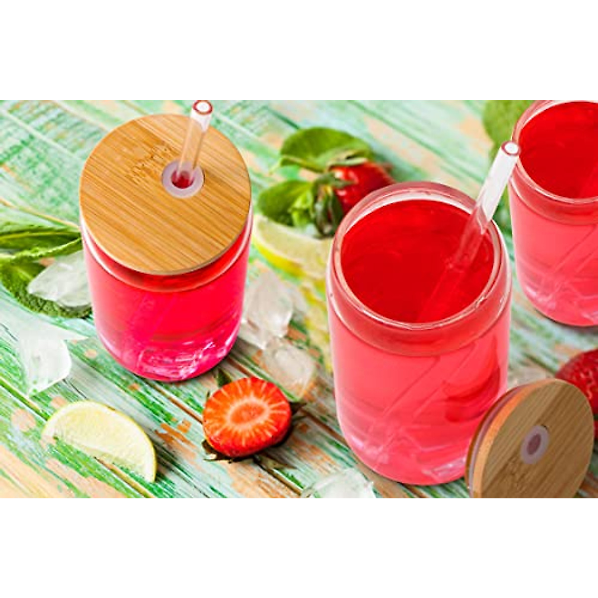MMonDod 8 Pack Glass Cups with Lids and Straws,Iced Coffee Cup,Glass Beer Cups with Bamboo Lids and Straws,Can Shaped Glass Cups,Glass Soda Can Cup,16 oz Can Tumbler Glasses with Lid and Straw