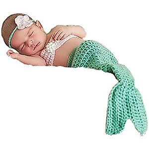 Pinbo Newborn Baby Photography Prop Crochet Mermaid Headband Bra Tail