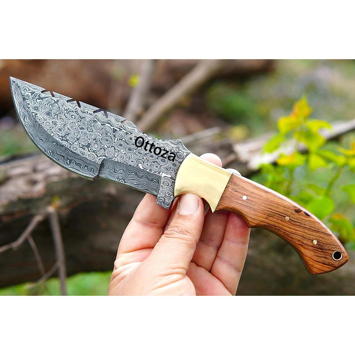 Ottoza Tracker Knife & Wood Handle - Damascus Hunting Knife - Horizontal Carry Knife Sheath 89