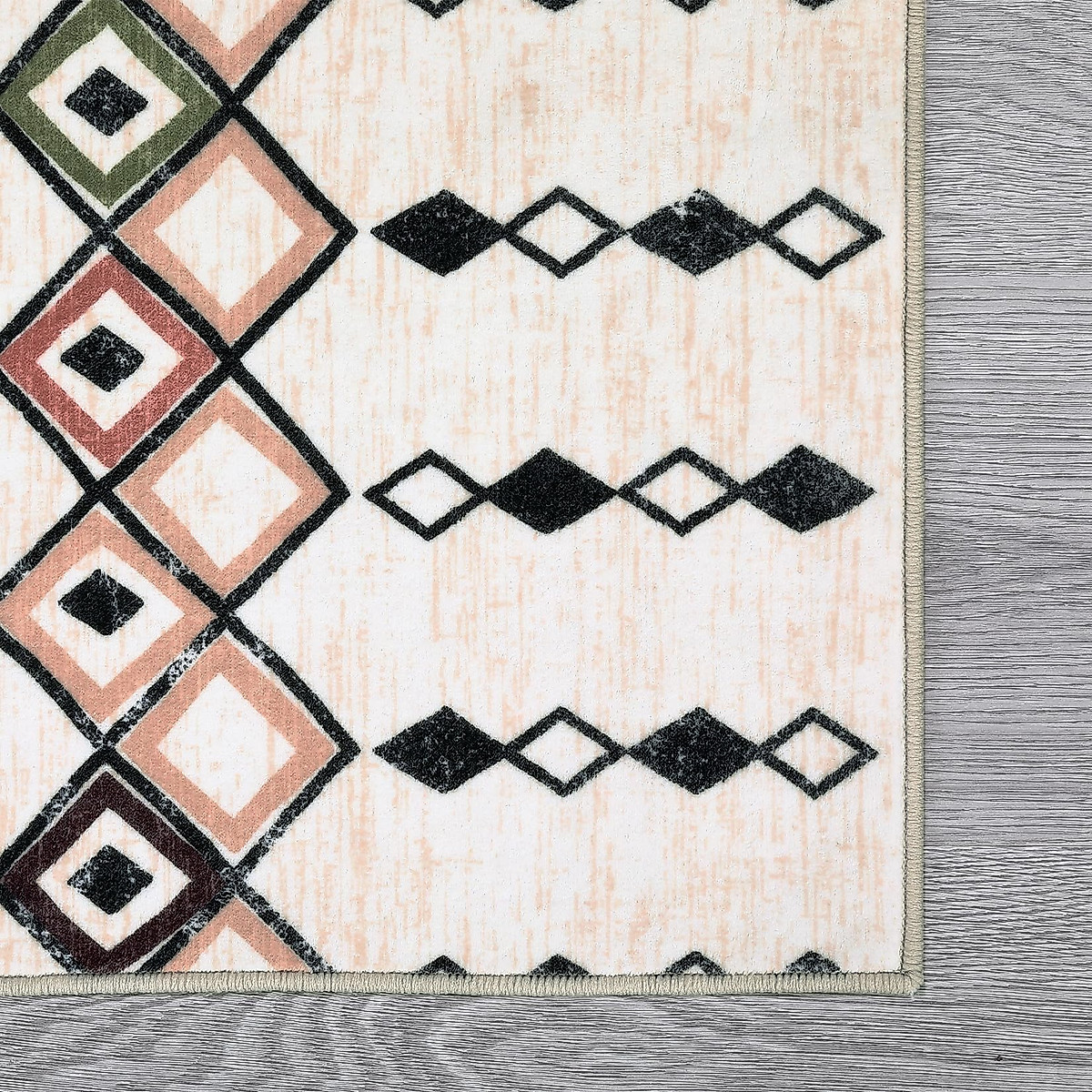 Zacoo Washable Rugs 4x6 Rug for Living Room Bobemian Colorful Rug Low Pile Bedroom Rugs Modern Rug Floor Mat Non Slip Area Rugs Soft Faux Wool Throw Rugs for Office Classroom, Beige