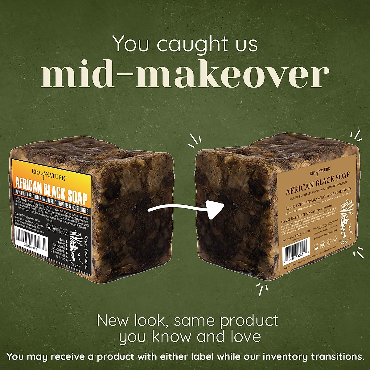 era of nature Best Raw ORGANIC AFRICAN BLACK SOAP, for Dry Skin and Skin Conditions. Pure & Natural Ingredients, Imported From Ghana - 1lb (16oz)