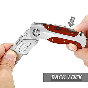 WORKPRO Quick-Change Utility Knife, Classical Retro Style Wood Grain Handle, Back Lock Folding Knife with Clip
