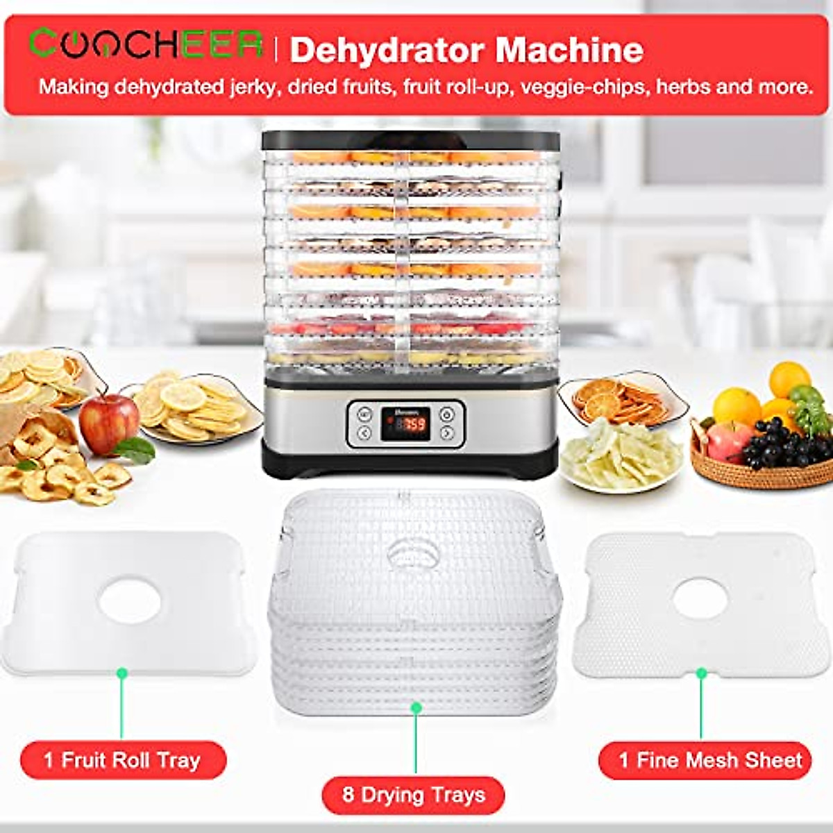 8 Trays Food Dehydrator Machine, Dehydrators for Food and Jerky, Food Dehydrator Machine with Fruit Roll Sheet for Meat, Herbs, Upgraded Digital Timer and Temperature Control | BPA Free | 400 Watts