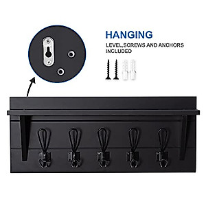 Zoopolyn Wall Shelf with Hooks Underneath 24’’ Long Wall Mounted Coat Rack with Shelf Coat Rack Wall Mount with Shelf Key Hooks for Wall Entryway Shelves for Wall 5 Triple Hooks Black