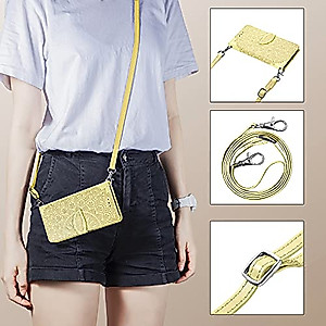 ONV Wallet Case for OnePlus N20-1.5M Adjustable Strap Emboss Feather Flip Phone Case Card Slot Magnet Leather Shell Flip Stand Cover for OnePlus N20 [MZY] -Yellow