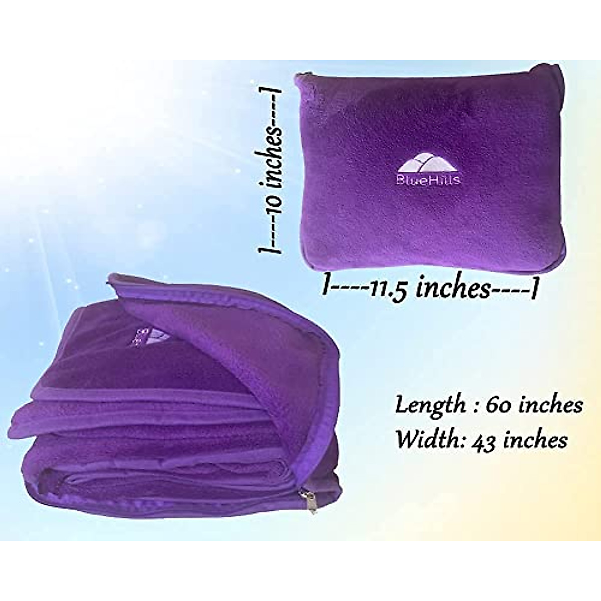 BlueHills Premium Soft Travel Blanket Pillow Value Pack Set of 2 - Airplane Flight Blanket Throw in Soft Bag with Luggage Belt Compact Pack Large Blanket for Travel Navy Blue and Purple Colors
