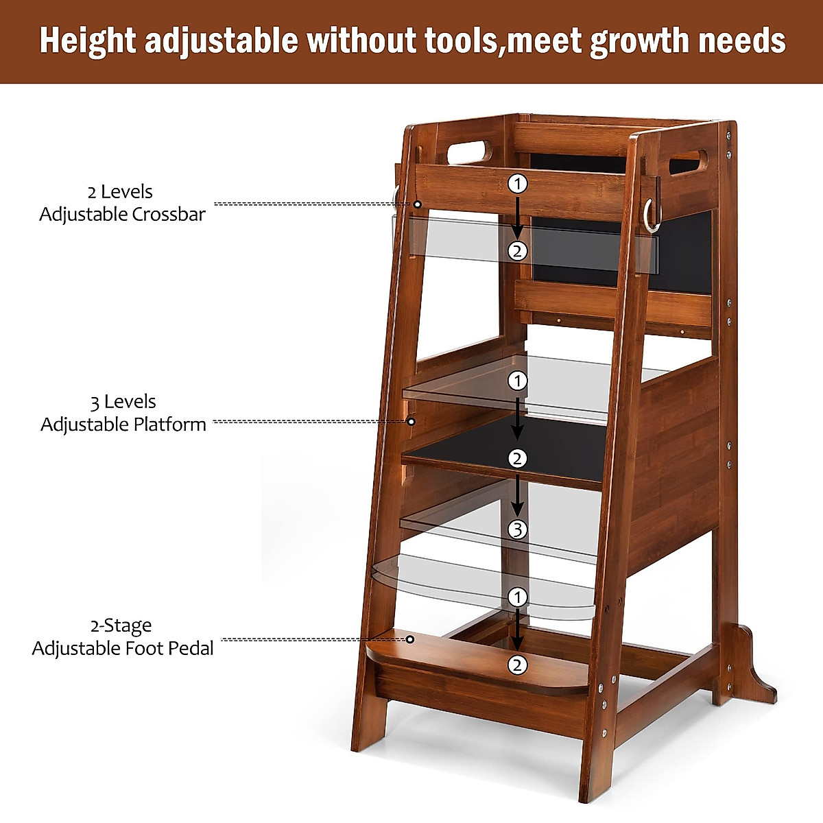 TOETOL Bamboo Toddler Step Stool Learning Kitchen Stool Standing Tower for Toddler Kitchen Counter Helper Stool 3 Height Adjustable with Activity Chalkboard and Whiteboard Message Boards,Non-Slip Mat