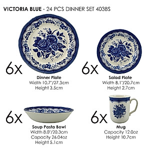 TUDOR ROYAL 24-Piece Porcelain Round Dinnerware Set, Service for 6, VICTORIA BLUE Design, Blue Floral, Plates Bowls Mugs Dishes, Premium Quality Ceramic Tableware, Unique Pattern, Glossy