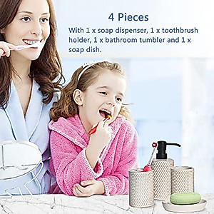 Kendiis Bathroom Accessories Set 4 - Ceramic Bathroom White Accessory Completes with Soap Dispenser, Toothbrush Holder, Tumbler, Soap Dish - Modern Decor, Bathroom Home Decor, Countertop Organize