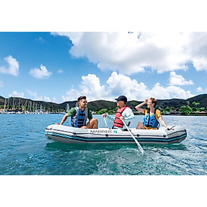 INTEX 68373EP Mariner 3 Inflatable Boat Set: Includes Deluxe 54in Boat Oars and High-Output Pump – Wear-Resistant Keel – Removable Fishing Rod Holders – 3-Person – 880lb Weight Capacity