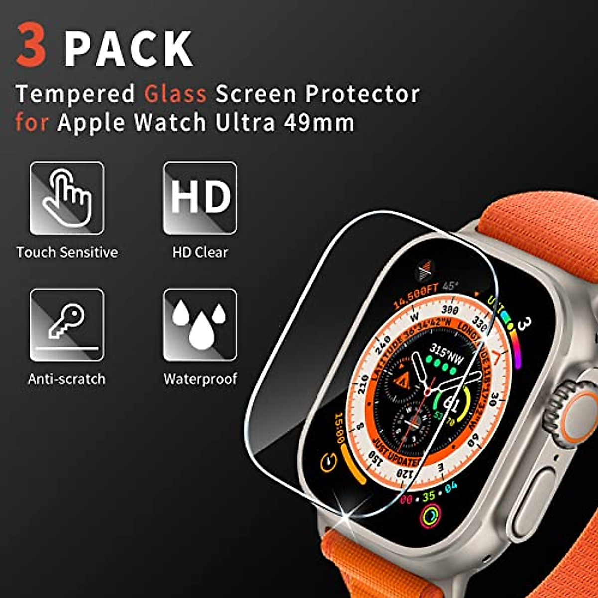 [3 Pack] Compatible for Apple Watch Ultra 49mm Screen Protector, EWUONU Tempered Glass 49mm Film Bubble Free Anti Scratch HD Clear Ultra-thin Replacement Screen Protector for Apple Watch Ultra, Clear