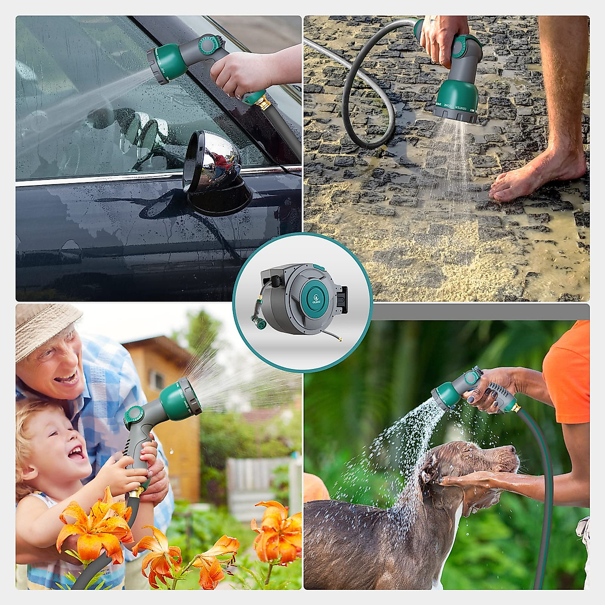 Gilbest Retractable Hose Reel, 5/8 "x 100 ft Retractable Garden Hose, Wall Mounted Retractable Hose, Retractable Water Hose with 10-Function Hose Nozzle, Any Length Lock/Heavy Duty/180°Swivel Bracket