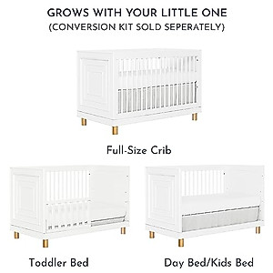 Evolur Loft Art Deco 3-in-1 Convertible Crib in White with Gold Hardware, Greenguard Gold Certified, 3 Mattress Height Settings, Features Rounded Spindles, Converts to Toddler Bed & Daybed